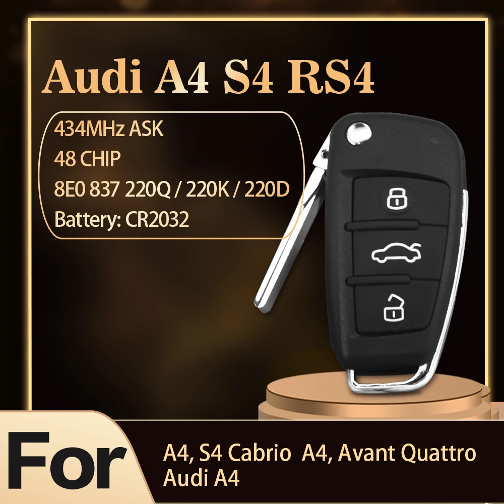 3 Button Remote Car Flip Key 433mhz Fob For Audi A2 A4 S4 Cabrio ...