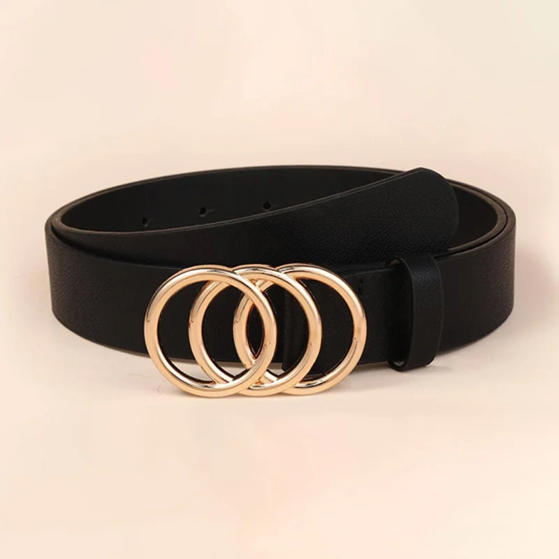 1Pcs Golden Triple Ring Buckle Belts Simple Solid Color PU Leather Belt ...