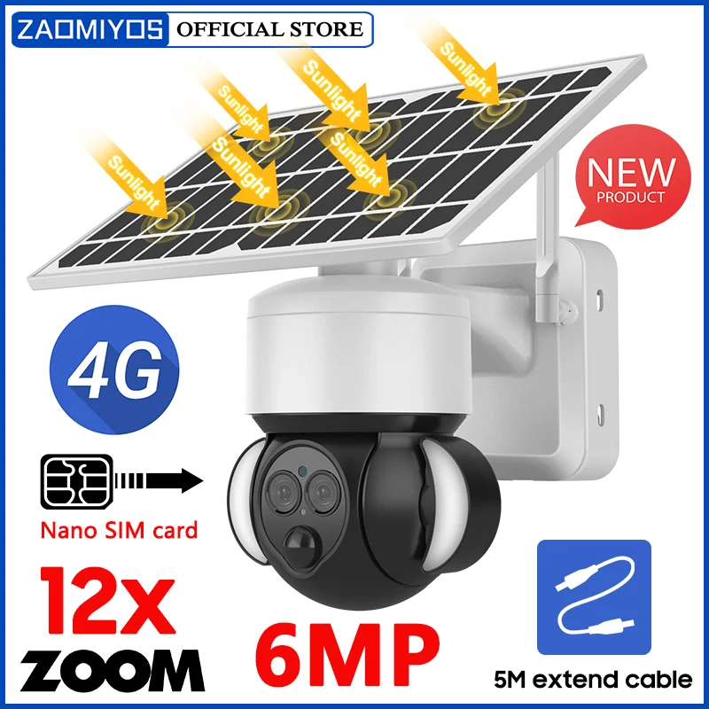 4G Solar Panel Powered Camera WIFI Dual Lens 6MP Security PTZ Camera ...