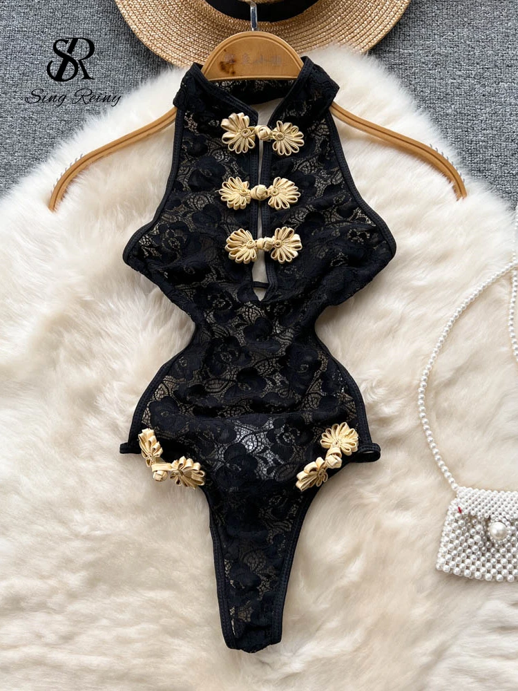 Singreiny Chinese Frog Lace Floral Bodysuits Ladies Transparent ...