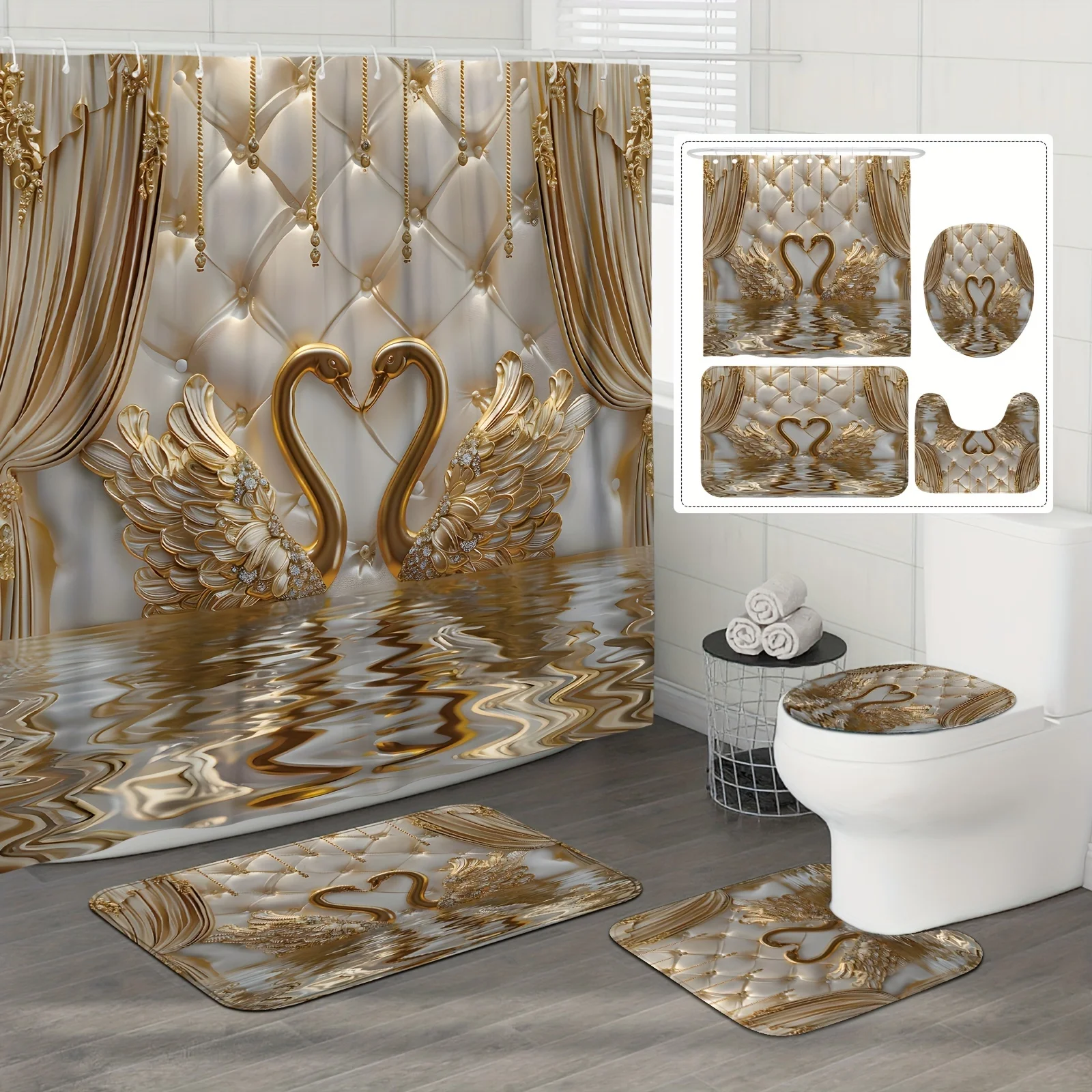 Luxurious Gold Swan Bathroom Four-Piece Set - Elegant Design with 3D ...