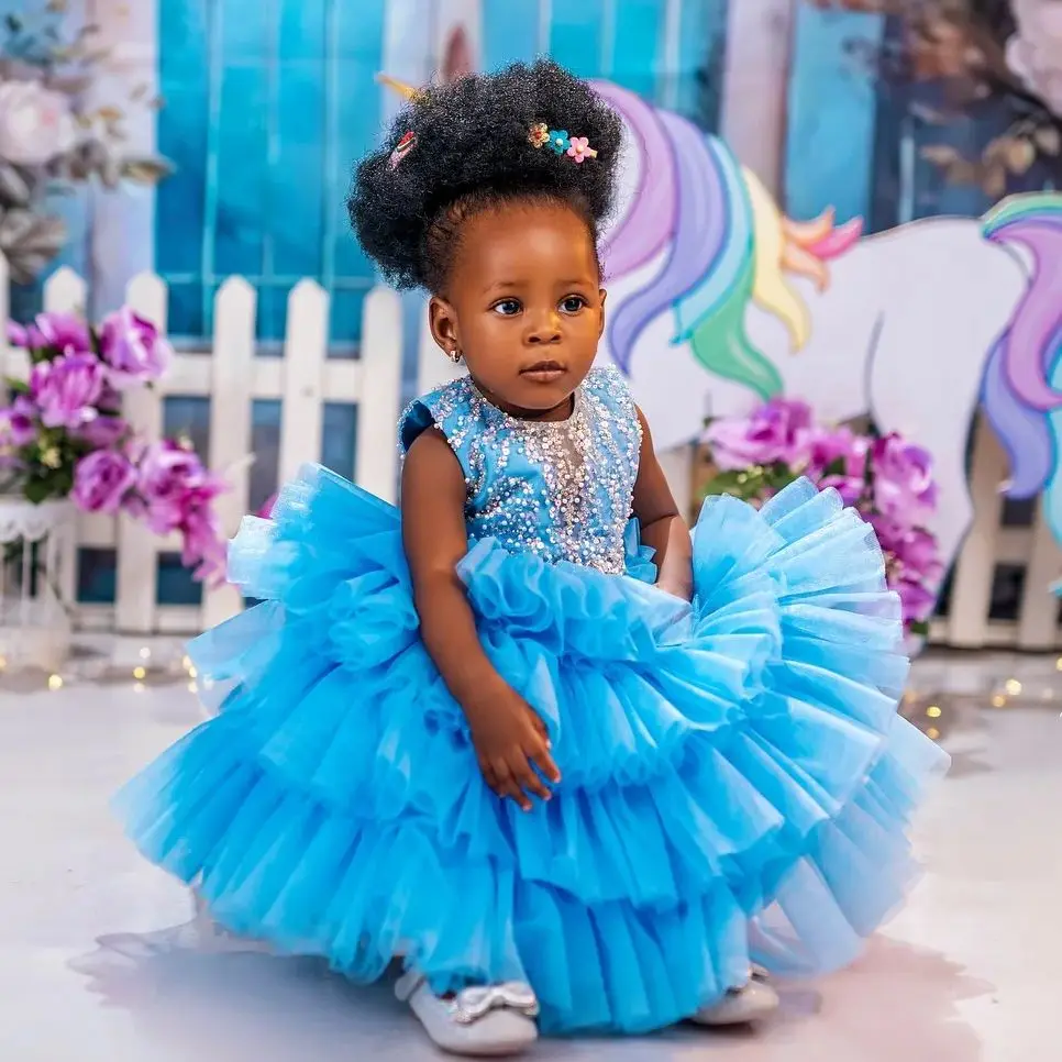 Princess Blue Girls Birthday Party Dress Customized Kids Flower Girl ...