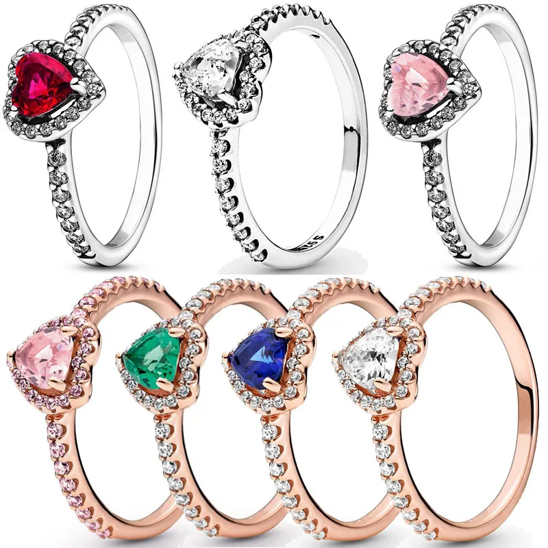 925-Sterling-Silver-Ring-Elevated-Red-Heart-With-Colorful-Crystal-Rings-For-Women-Valentine-s ...