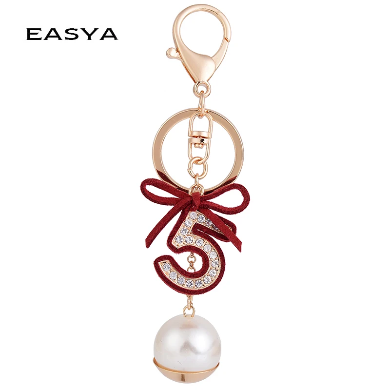 EASYA Big Simulated Pearl Keychain Leather With Number 5 Rhinestone Car ...