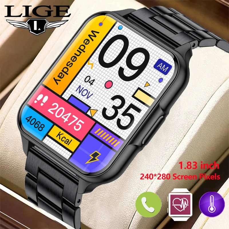 LIGE-Body-Temperature-Smart-Watch-Men-Heart-Rate-Blood-Oxygen-Face-IP68 ...