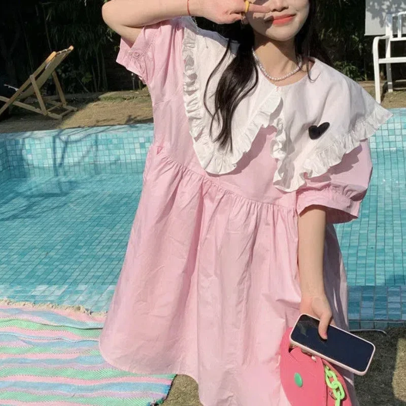 Preppy-Style-Sweet-Puff-Sleeve-Peter-Pan-Collar-Women-s-Summer-Spliced ...