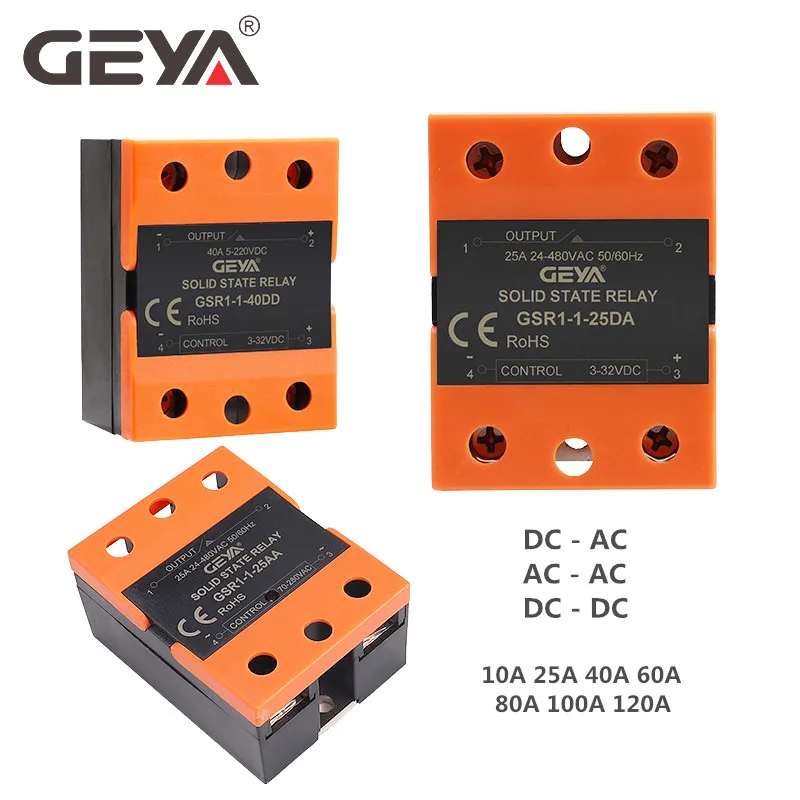 GEYA GSR1-1 Solid State Relay DC-AC DC-DC AC-AC Single Phase SSR 10A 25A 40A 60A 80A 100A 120A ...