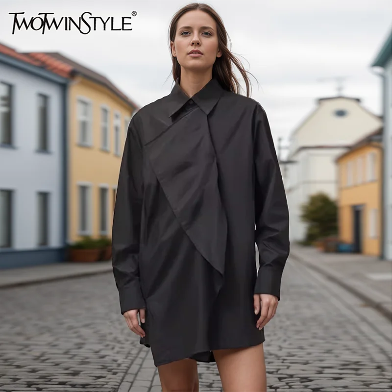 TWOTWINSTYLE-Solid-Irregular-Spliced-Button-Casual-Blouse-For-Women ...