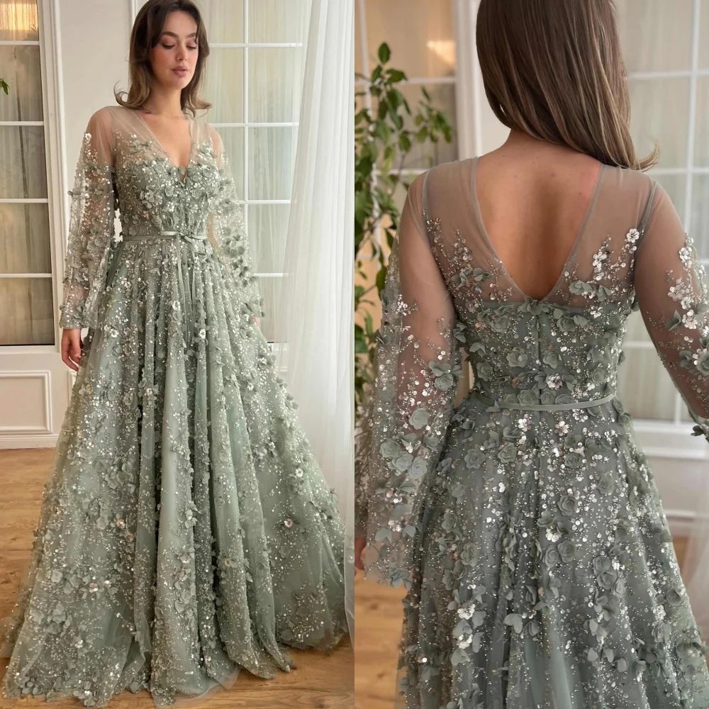 Customized Light Green Organza Evening Dress Exquisite V-Neck Long ...