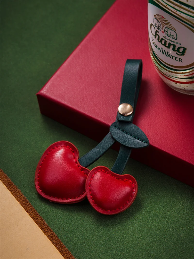Creative small cherry key chain pastoral style leather fruit key chain ...