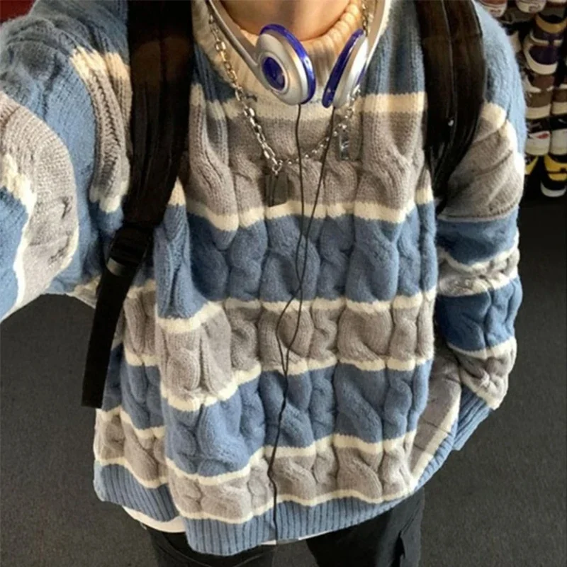 New Patchwork Striped Crewneck Sweaters For Men Hip Hop Fashion Knitted ...