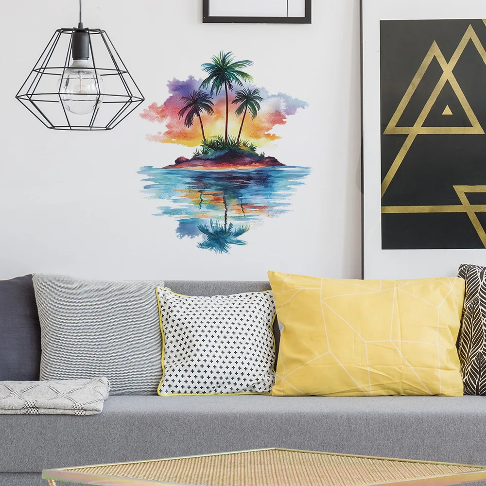 Painted Coconut Tree Island Wall Sticker For Living Room Background ...