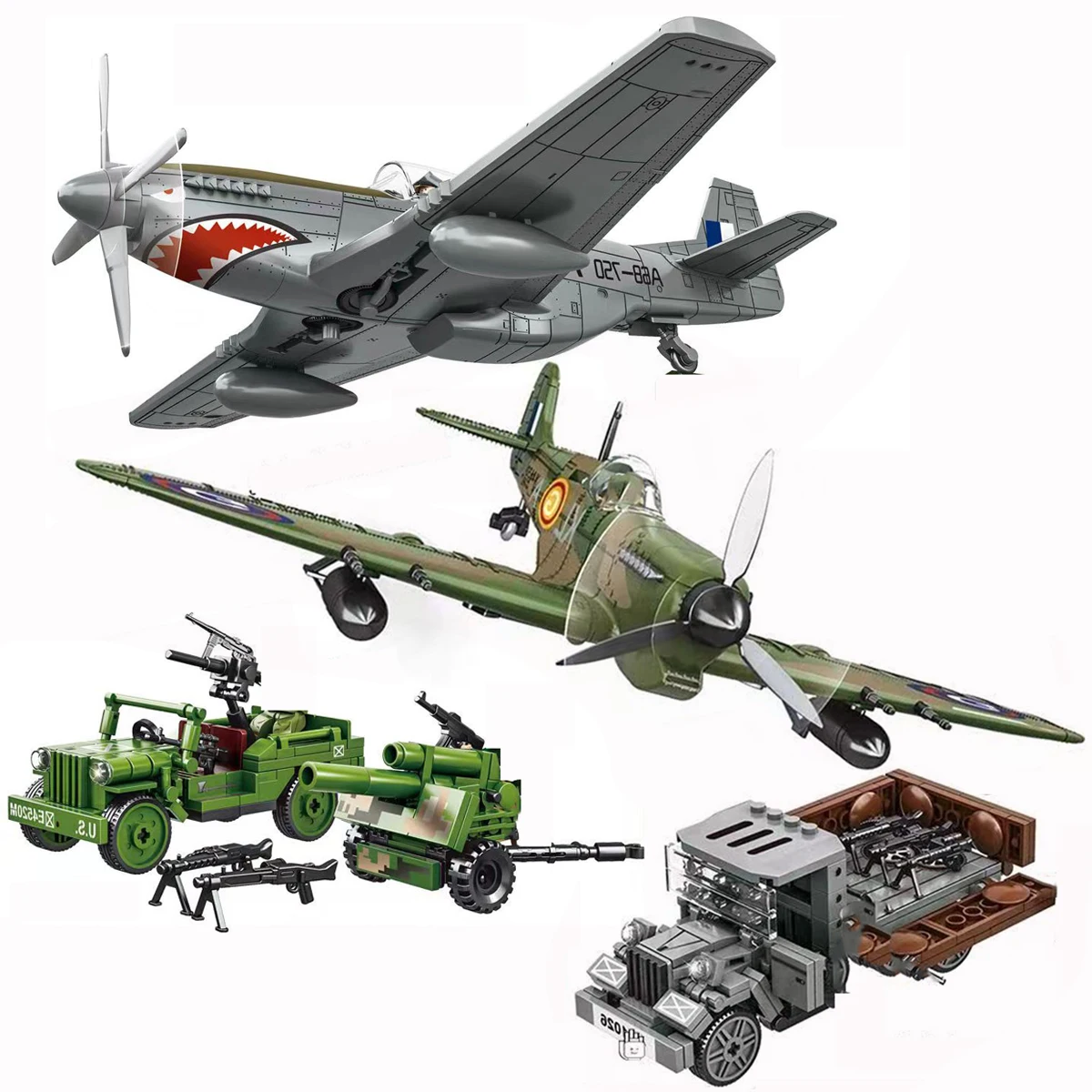 4Types-Military-scene-P51-Aircraft-Spitfire-Fighter-Building-Blocks ...