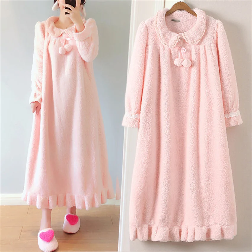 Autumn-Winter-Women-Long-Sleeve-Nightgown-Pink-Flannel-Nightgowns-Girls ...