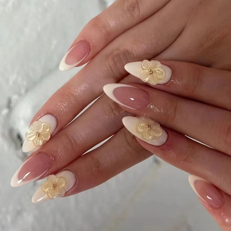 Press on Acrylic Nails Almond Full Cover Fake Nail with 3D Yellow Peach ...