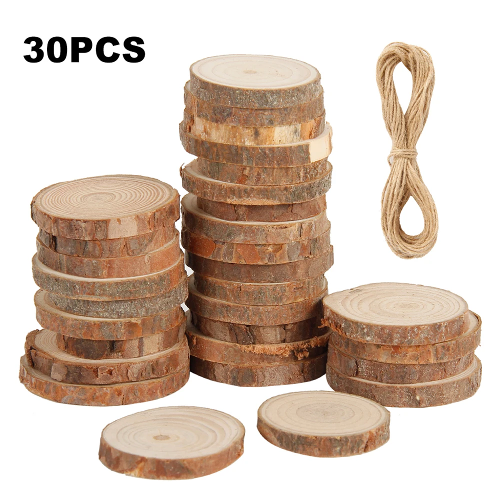 30Pcs-Natural-Pine-Round-Unfinished-Wood-Slices-Circles-with-Tree-Bark ...