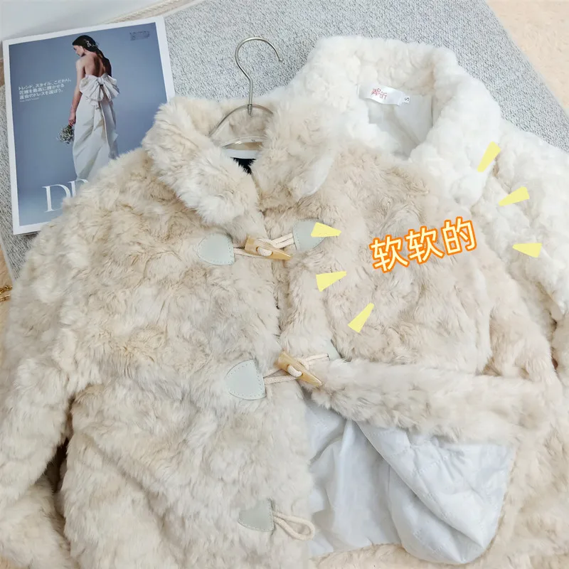 혼 버클 양모 모피 코트 여성용 고급 코트 모조 토끼 플러시 올 매치 부드러운 풍성한 한국 스타일 프레피 스타일 디자인 센스
