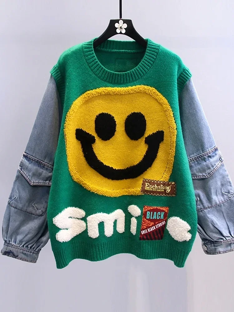 Smiling Face Loose Sweater Tops Women Denim Sleeve Round Neck Pullover ...