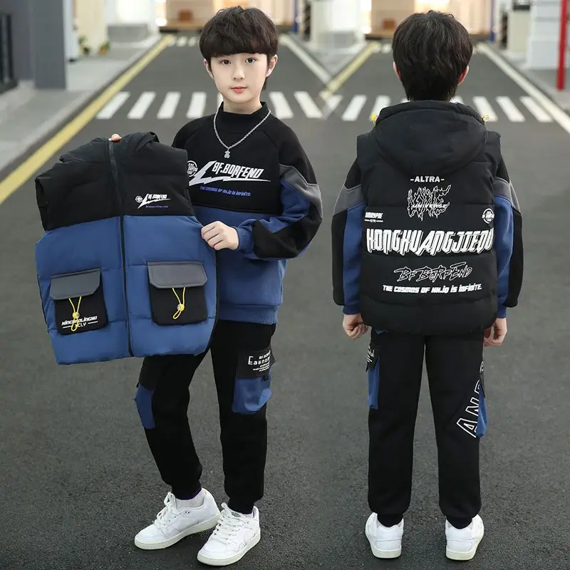 Boys Winter Set Child Sports Thick Fleece Hoodies+pants+vest 3pcs Sets ...