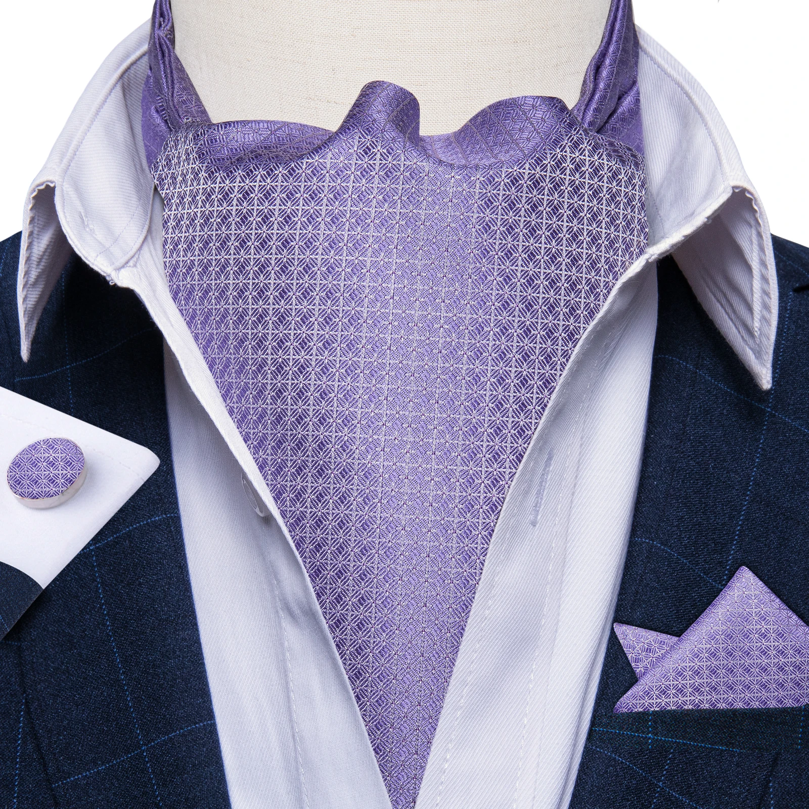 Silk Purple Plaid Ascot Pocket Square Cufflinks Set for Man Business ...
