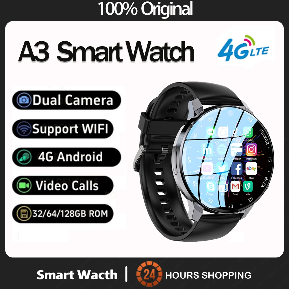 2024 NEW A3 Global Android Smartwatch 4G NET Dual HD Camera Big Full ...