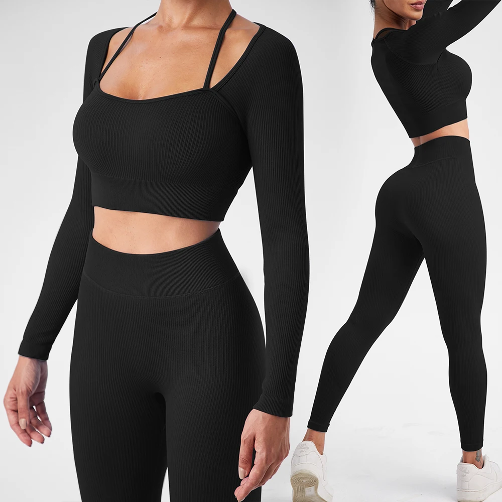 2Pcs-Seamless-Women-Yoga-Set-Workout-Sportswear-Gym-Clothing-Long-Sleeve-High-Waist-Leggings ...