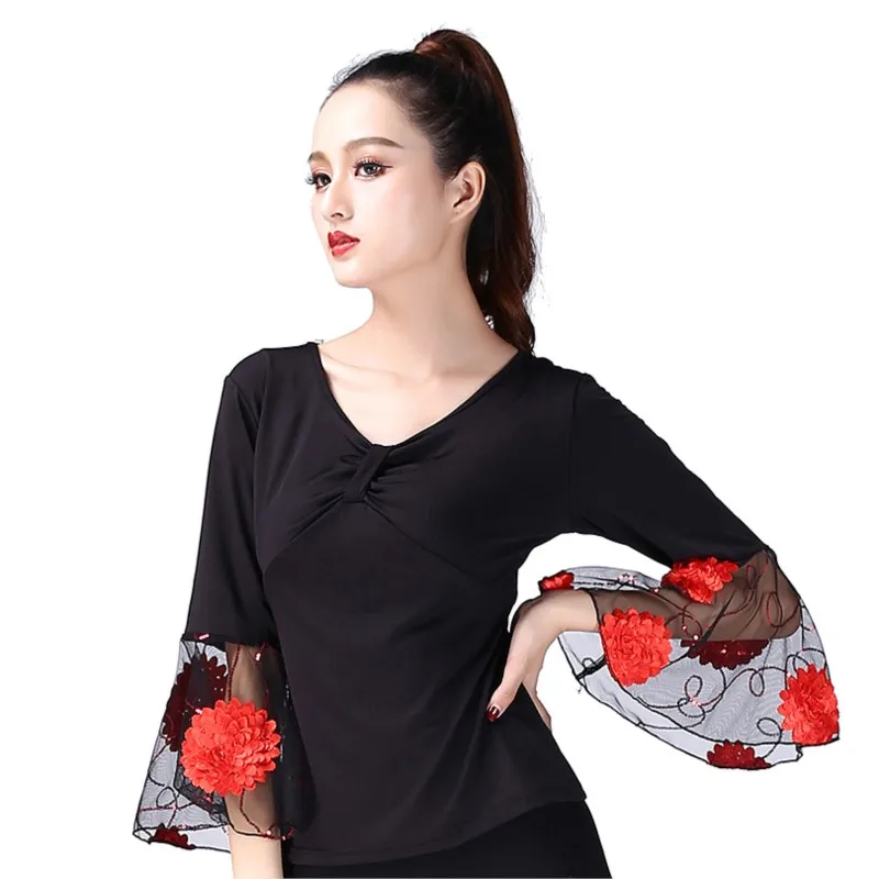 Large Size Latin Dance Top Women modern social dance Print Mesh Blouse ...