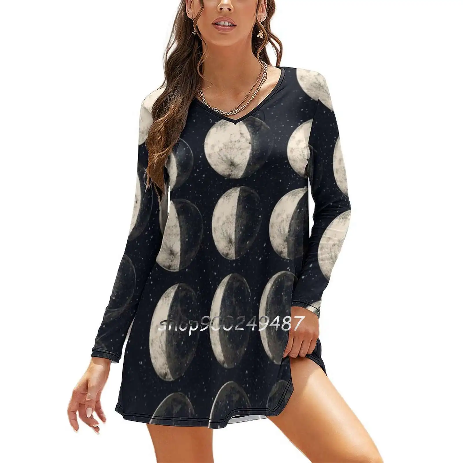 Moon Cycle Elegant Party Women Dress Slim V Neck Long Sleeve Dress ...