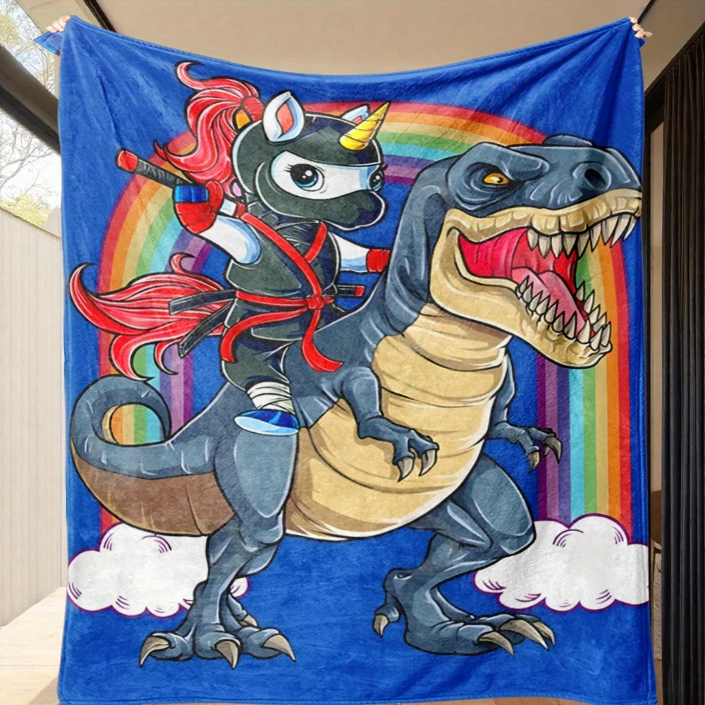 1pc Ninja Unicorn Riding Dinosaur Plush Throw Blanket - Soft Flannel ...