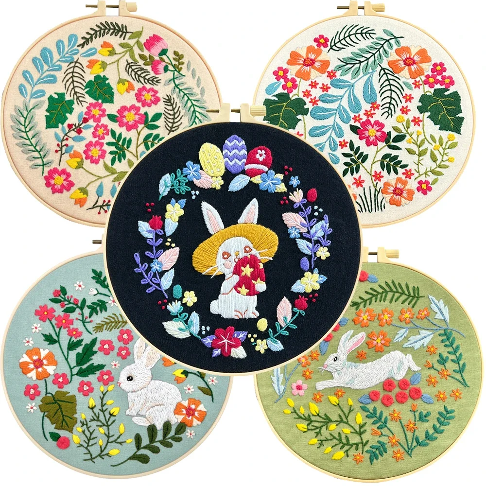 Rabbit Bunny Flower Embroidery Kit for Adult Beginners Embroidery ...