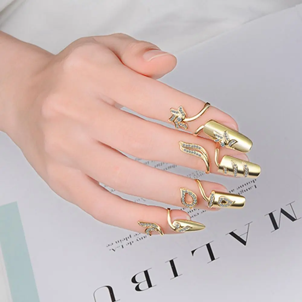 Korean Style Women Opening Ring Rhinestone Flower Girl Nail Cover Ring ...
