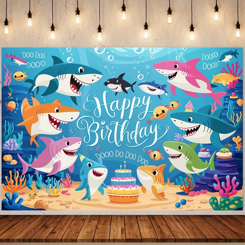 Shark-Themed Birthday Party Backdrop Banner - Colorful Polyester Decor ...
