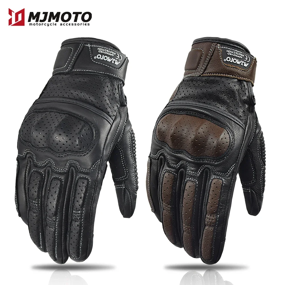 Brown Vintage Leather Motorcycle Gloves for Men Motorbike Riding Touch ...