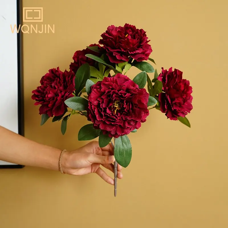 WQNJIN 5 Big Heads Rose Red Peony Artificial Flowers Bouquet Fake ...