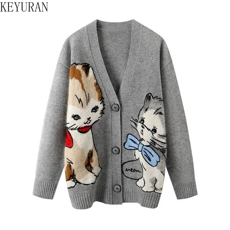 Cartoon Women Knitted Cardigan Sweater Coat Fall Winter Single breasted ...