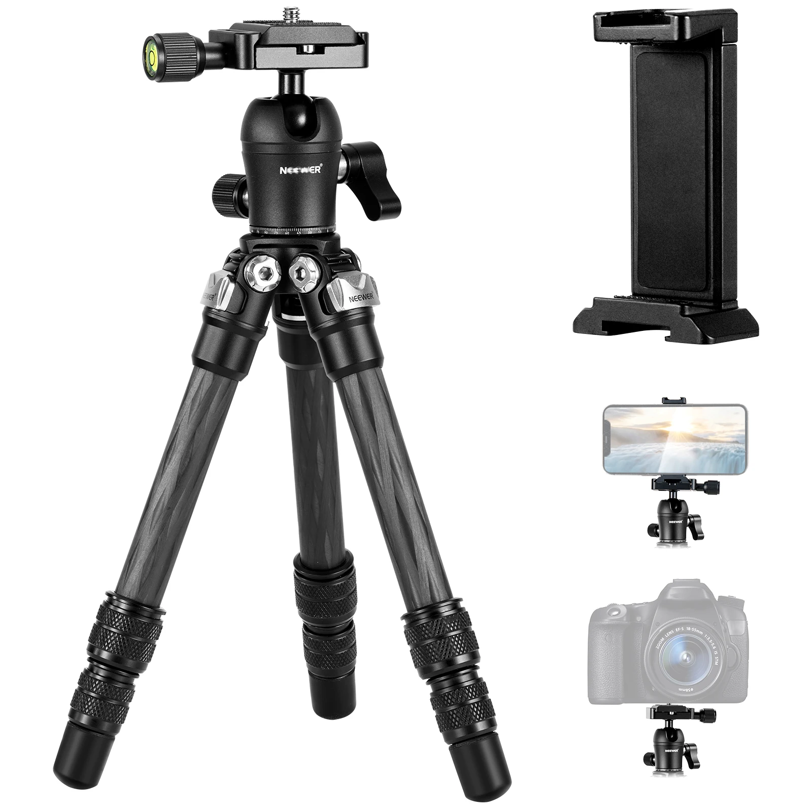 NEEWER 15.7"/40cm Carbon Fiber Camera Tripod with Phone Holder, Leg ...