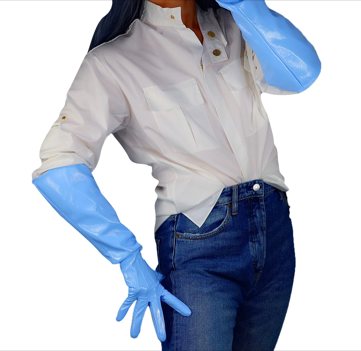 DooWay Unisex POWDER BLUE Puff GLOVES 50cm Elbow Long LATEX Wet Look ...