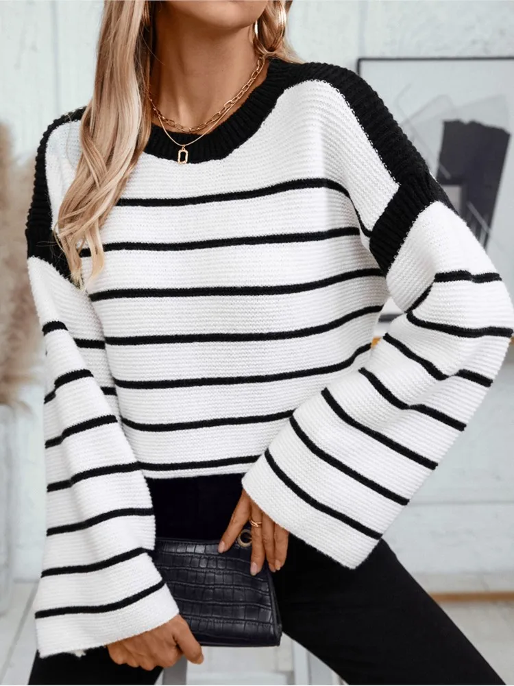 Woman's Autumn Winter Leisure Knitted Pullover Fashion Color-blocking ...