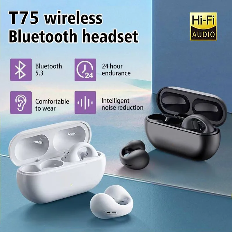 NEW-T75-Wireless-Earbuds-Stereo-Bass-Sports-Headset-Ear-Clip-Bluetooth ...