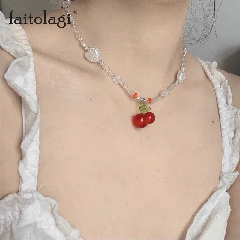 Y2K Red Cherry Heart Beaded Necklace Boho Imitation Pearl Cherry Pendant Necklaces Vintage Love ...
