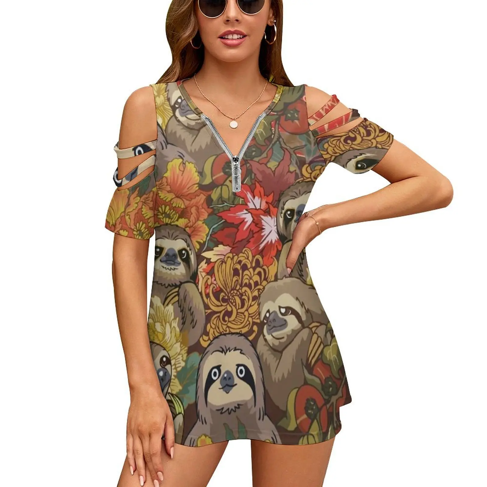 Because-Sloths-Autumn-New-Fashion-Zip-Off-Shoulder-Top-Short-Sleeve ...