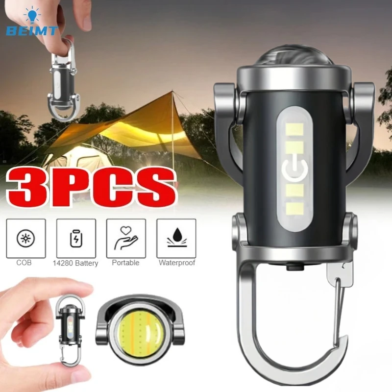 Powerful COB LED Flashlight Keychain USB Rechargeable Hanging Portable ...