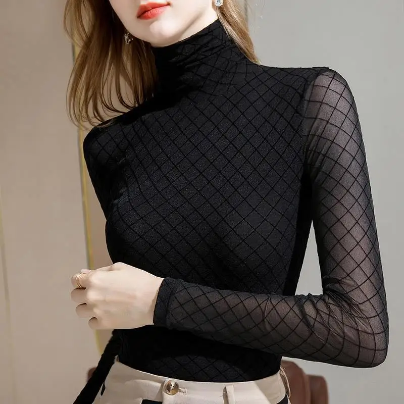 Woman Tshirt Autumn Clothes Long Sleeve Tulle Top Kpop Tight Turtleneck ...