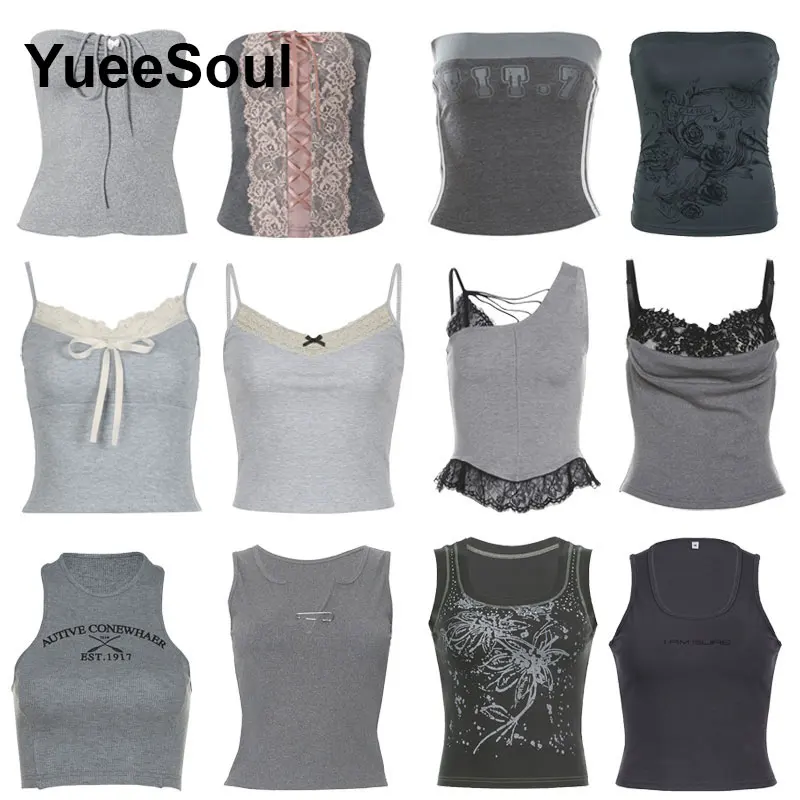 Gray Y2K Top Sleeveless Slim Crop Top 2025 New Sweet Cute Casual High ...