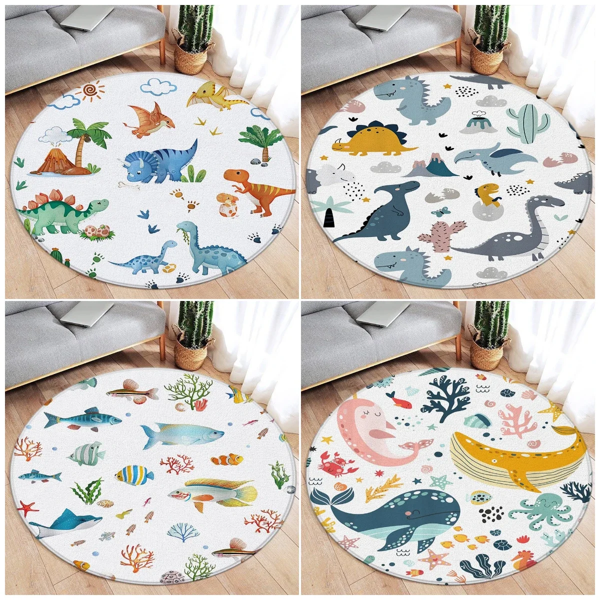 Cartoon-Animals-Round-Carpet-Cute-Dinosaur-Tropical-Plants-Whale ...