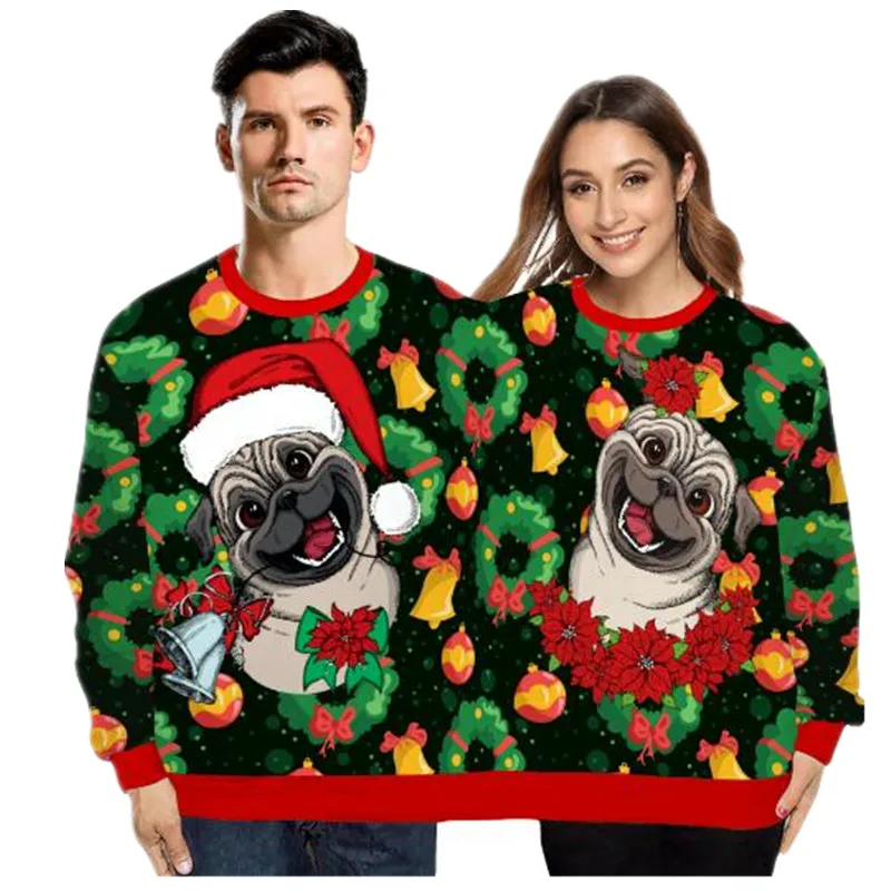 Double Christmas Sweater holiday spoof 3D digital printing couples two ...