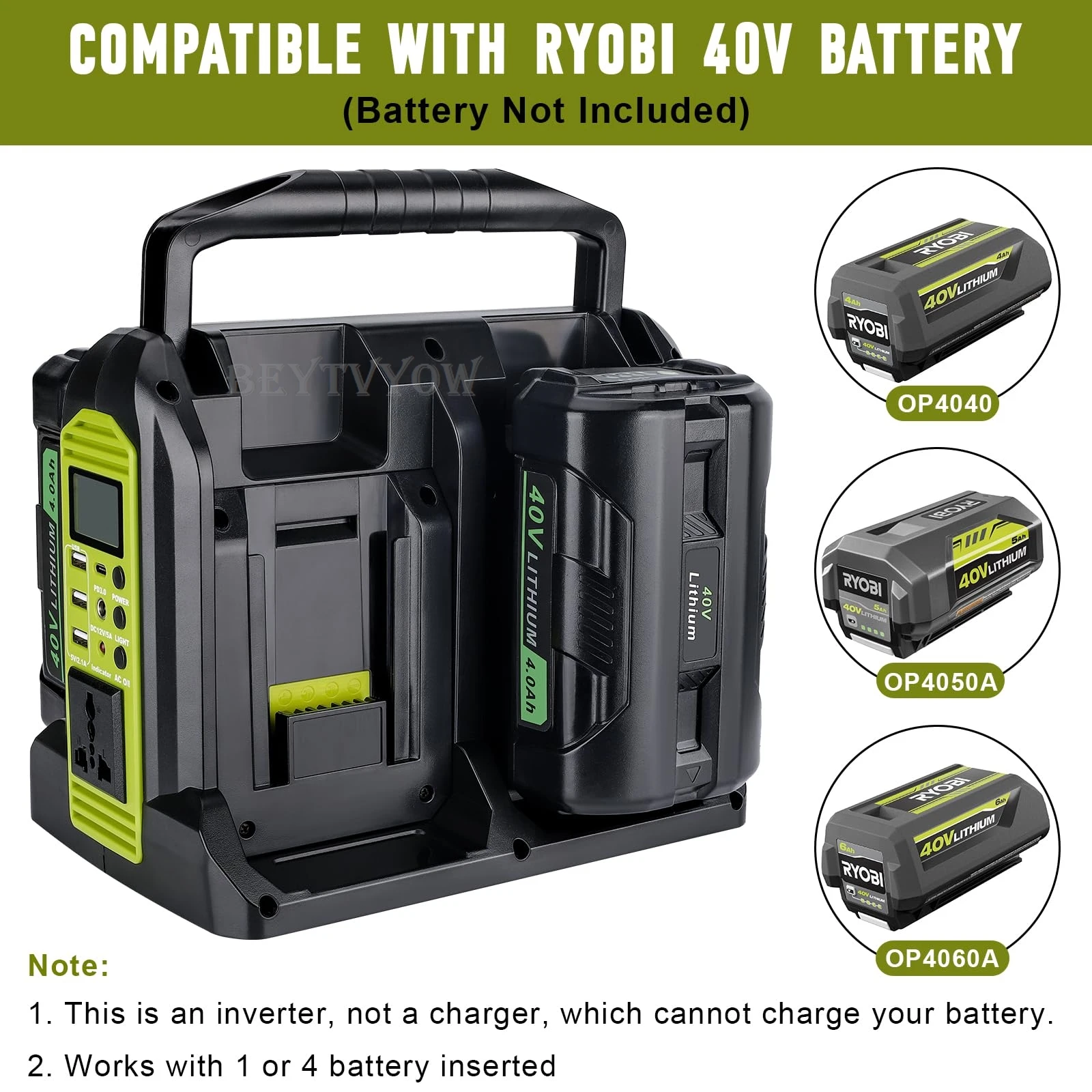 350W Pure Sine Wave Inverter for Ryobi 40V Battery 4-Port Power Station ...