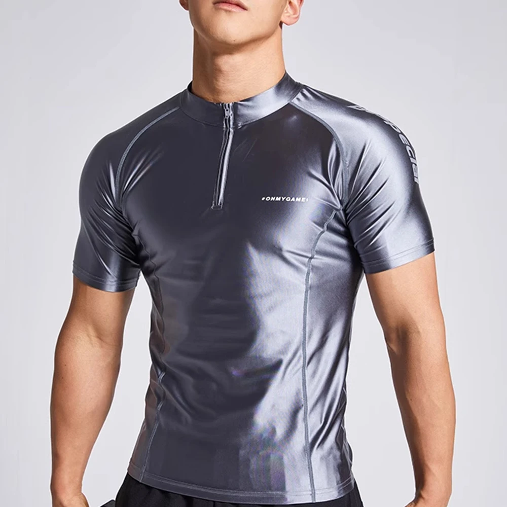 Glossy-Silver-Ice-Silk-Sports-Top-Zipper-Neck-Men-s-Fitness-Running ...