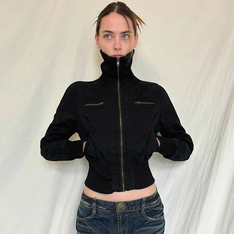 Women-s-Jacket-Stand-Up-Collar-Motorcycle-Jacket-Zipper-Splicing-Long ...