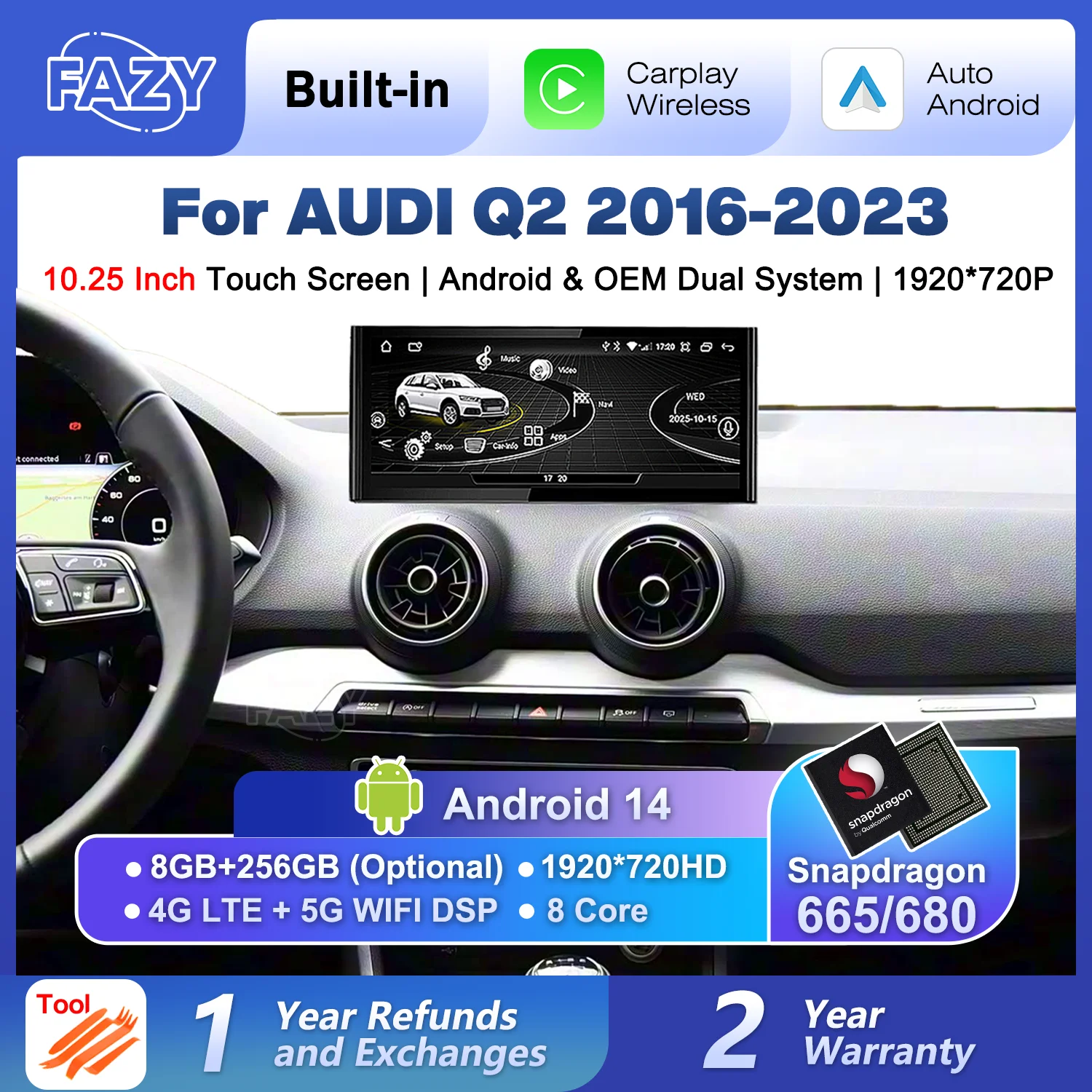 10.25'' Android 14 Auto Radio Wireless Carplay For Audi Q2 2016-2023 ...